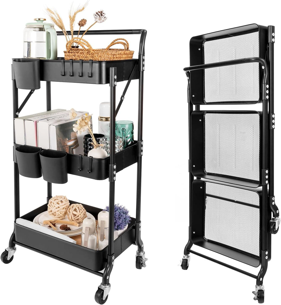 3 Tier Foldable Rolling Cart with Wheels – Bosc Design